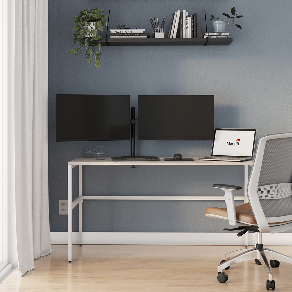 MESA MARELLI FRAME 1400X600MM CARVELHO BERLIM COM ESTRUTURA EM BRANCO